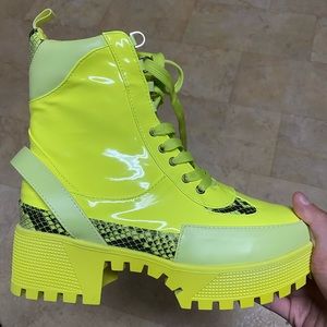 Shoes | Neon Yellow Lace Up Lug Platform Block Heel Boot | Poshmark